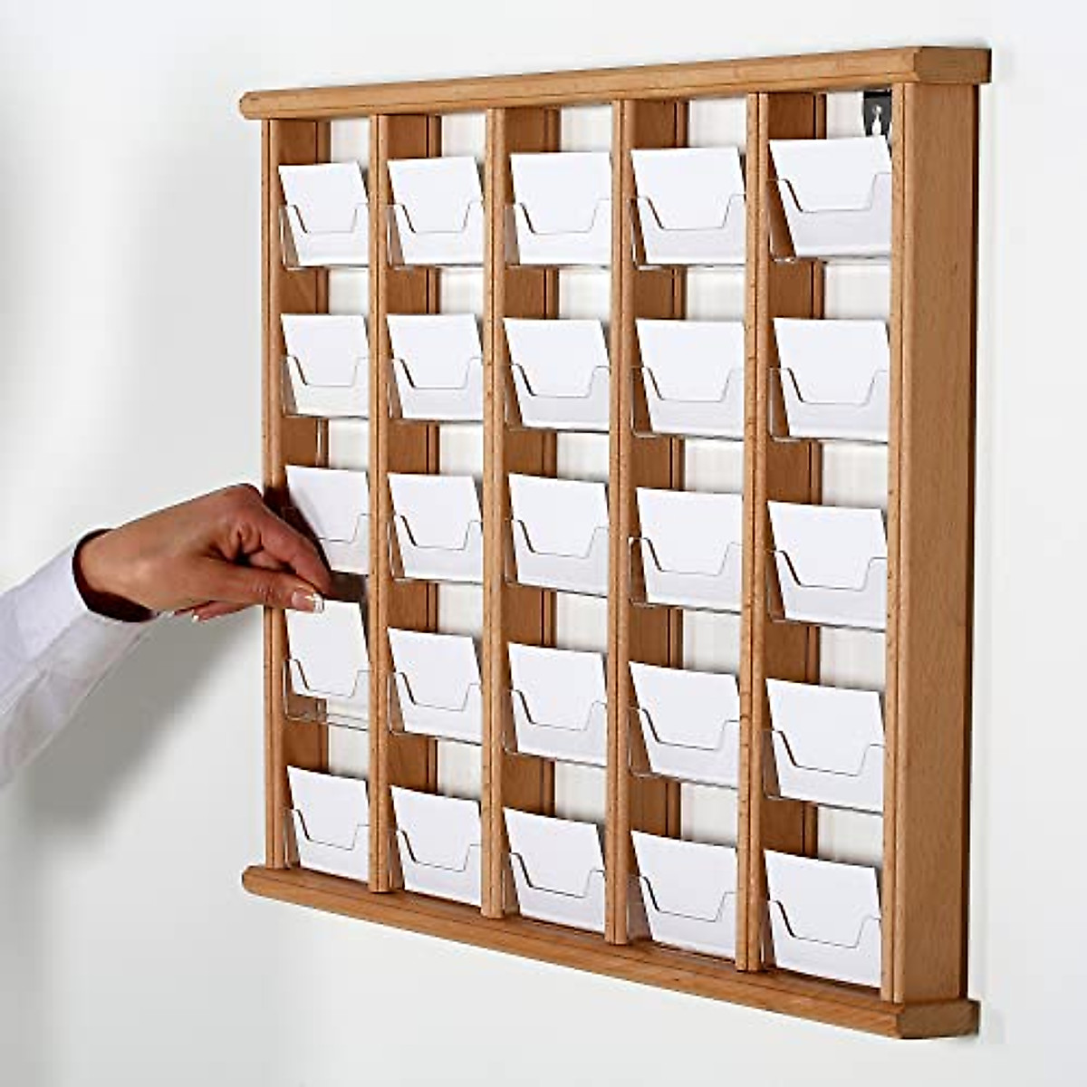M&T Displays Wall Mount Wooden Rustic Card Holder Organizer 25 (5x5) Clear Acrylic Pockets 5 Tiered Letter Flyers Shelves for Offices Banks Schools Hospitals Natural Wood