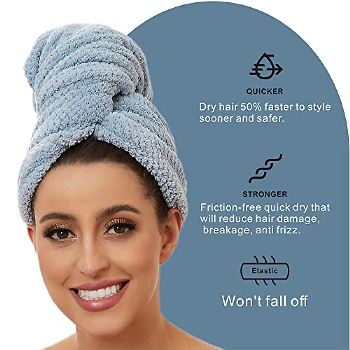 BYCOO Large Microfiber Hair Towel Wrap for Women, Anti Frizz Hair Drying Towel with Elastic Strap, Fast Dry | Super Absorbent | Quick Dry Hair Turban for Wet, Curly, Long & Thick Hair -Blue