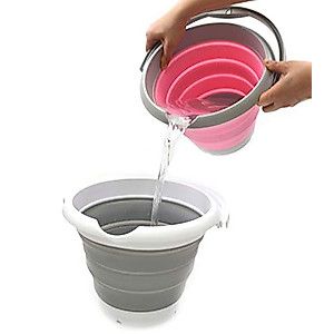 SAMMART 5L / 1.32 Gallon Collapsible Plastic Bucket - Foldable Round Tub - Portable Fishing Water Pail - Space Saving Outdoor Waterpot (5L Round, Grey/Pink)