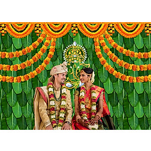 India Pooja Traditional Backdrop for Photography Marigold Green Banana Leaf Chatiya Ganesh Traditional Festival Background Puja Ganpati Wedding Party Decorations Photo Props (7x5FT)