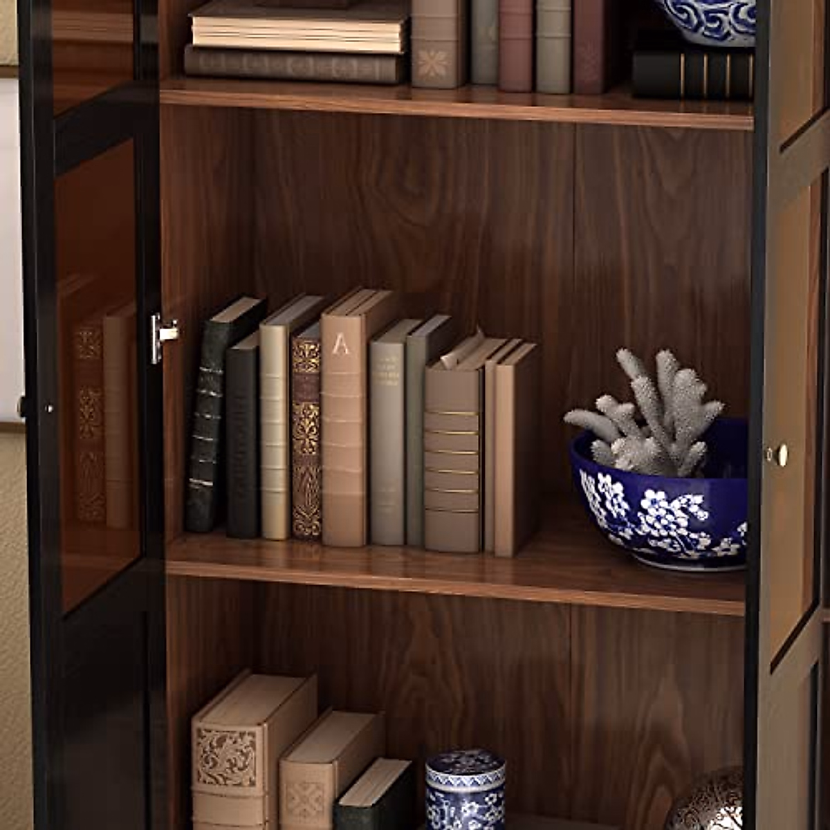 ECACAD 3-Tier Tall Bookcase Storage Cabinet with 2 Acrylic Glass Doors, Wood Bookshelf Display Cabinet with Metal Legs for Living Room & Office, Brown and Black (31.5”L x 15.9”W x 70.7”H)