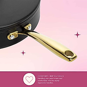 Paris Hilton Iconic Nonstick Pots and Pans Set, Multi-layer Nonstick Coating, Matching Lids With Gold Handles, Made without PFOA, Dishwasher Safe Cookware Set, 10-Piece, Black