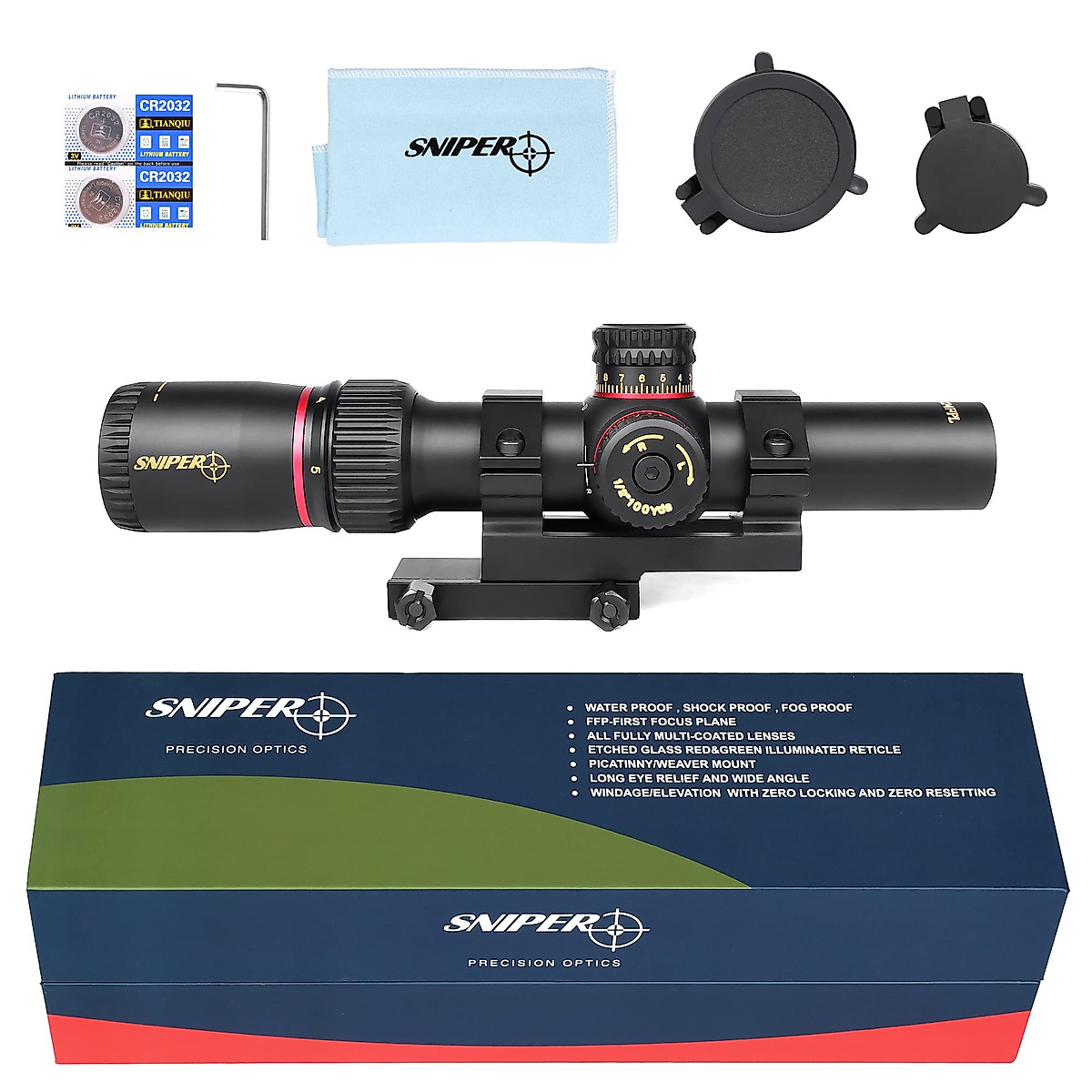 Sniper VT 1-5X24 First Focal Plane Scope with Red/Green Illuminated Reticle 30mm Tube LPVO Rifle Scope