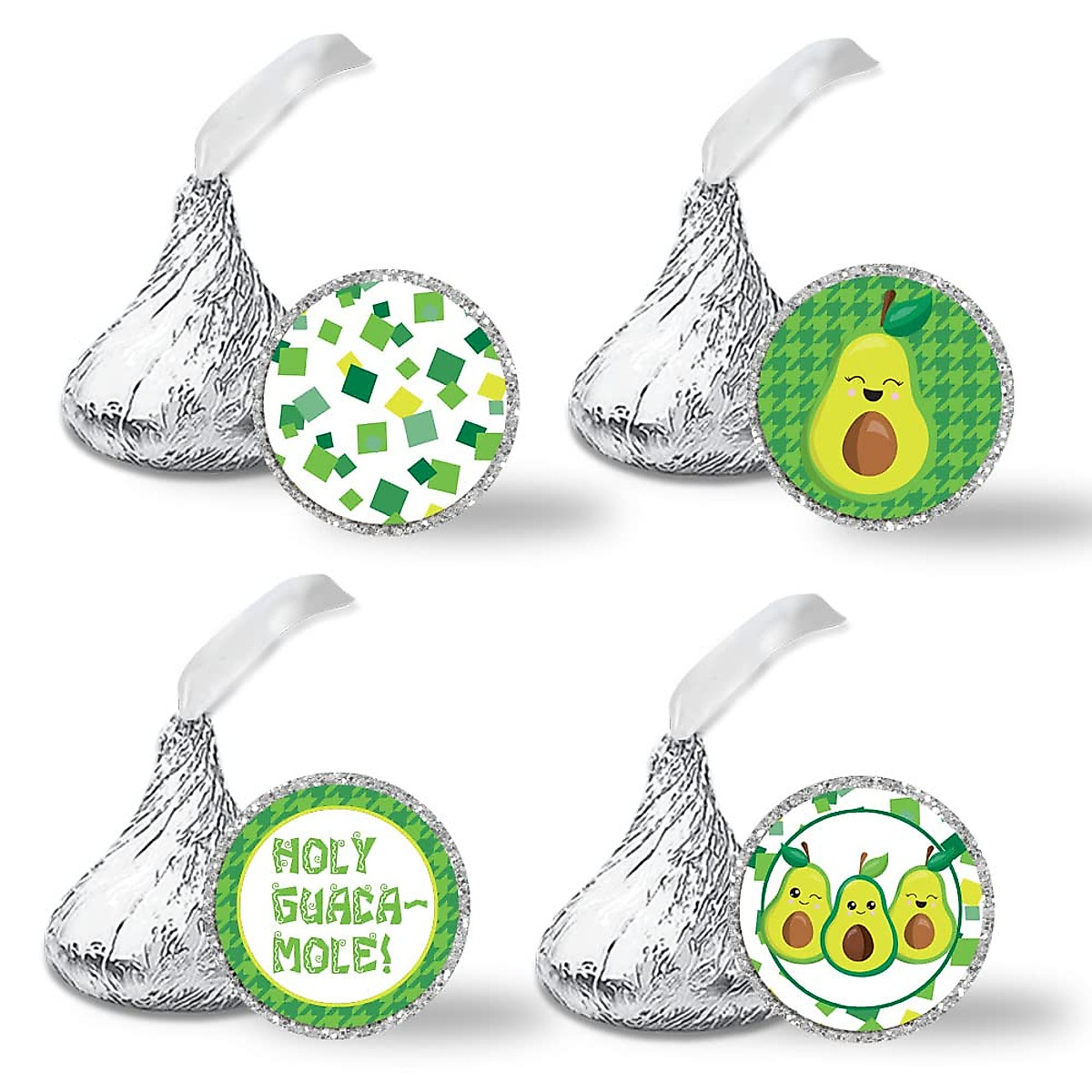 Holy Guacamole Trio of Avocados Birthday Kiss Sticker Labels for Kids, 300 Party Circle Sticker Sized 0.75” for Chocolate Drop Kisses by AmandaCreation, Great for Favors, Treats, Envelopes & Bags