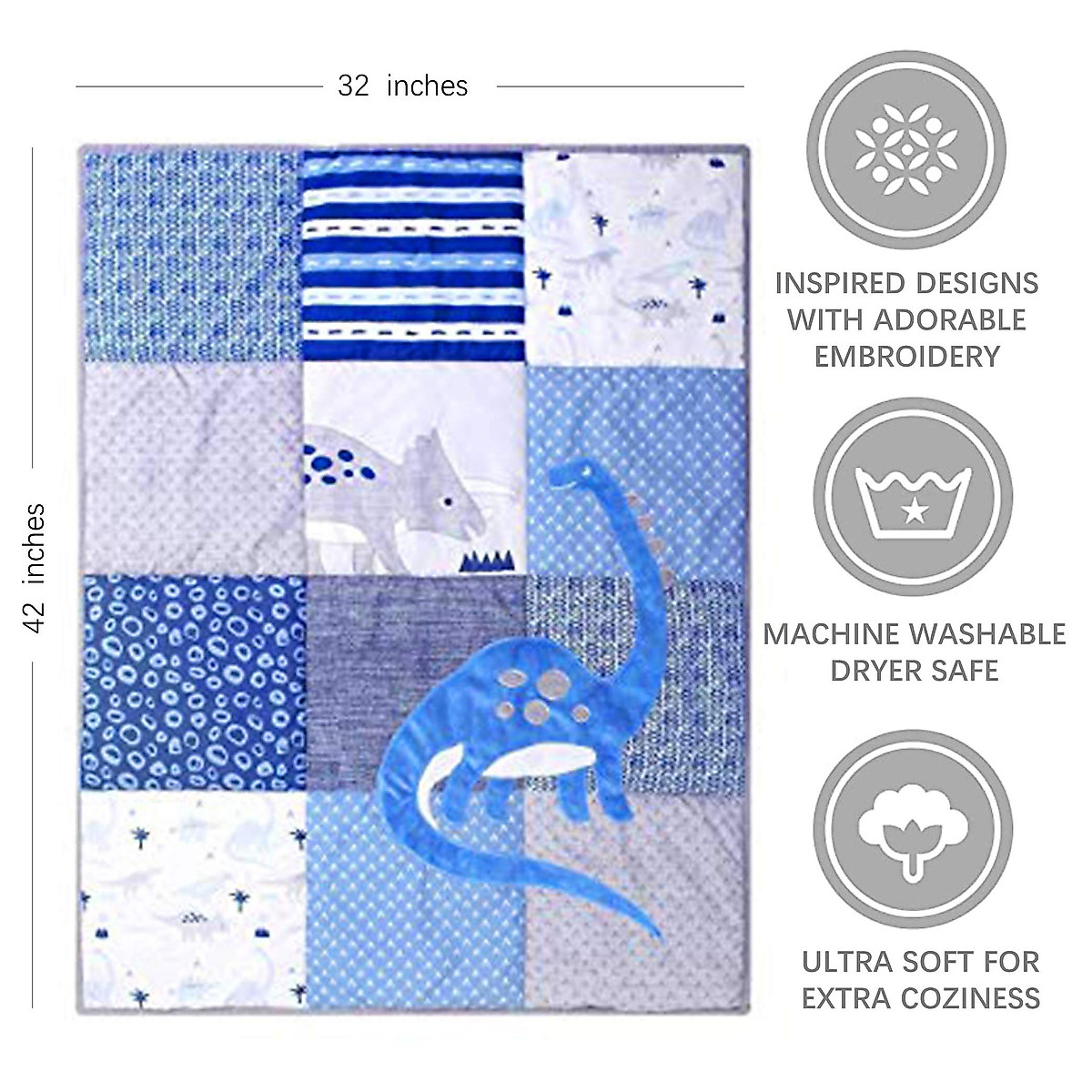 Little Grape Land 3 Piece Baby Crib Bedding Set, Dinosaur Standard Size Crib Set, Nursery Bedding for Boys, Crib Sheet, Comforter, Crib Skirt, 28" x 52", Blue/Grey