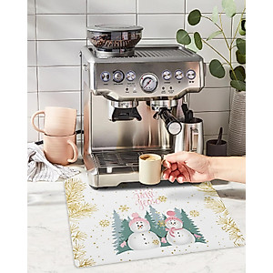 Coffee Mat for Counter,Merry Christmas Happy New Year Pink Snowman Gold Snowflake Absorbent Hide Stain Coffee Bar Mat,Non-slip Coffee Bar Accessories Kitchen Drying Mat Fit Under Coffee Maker