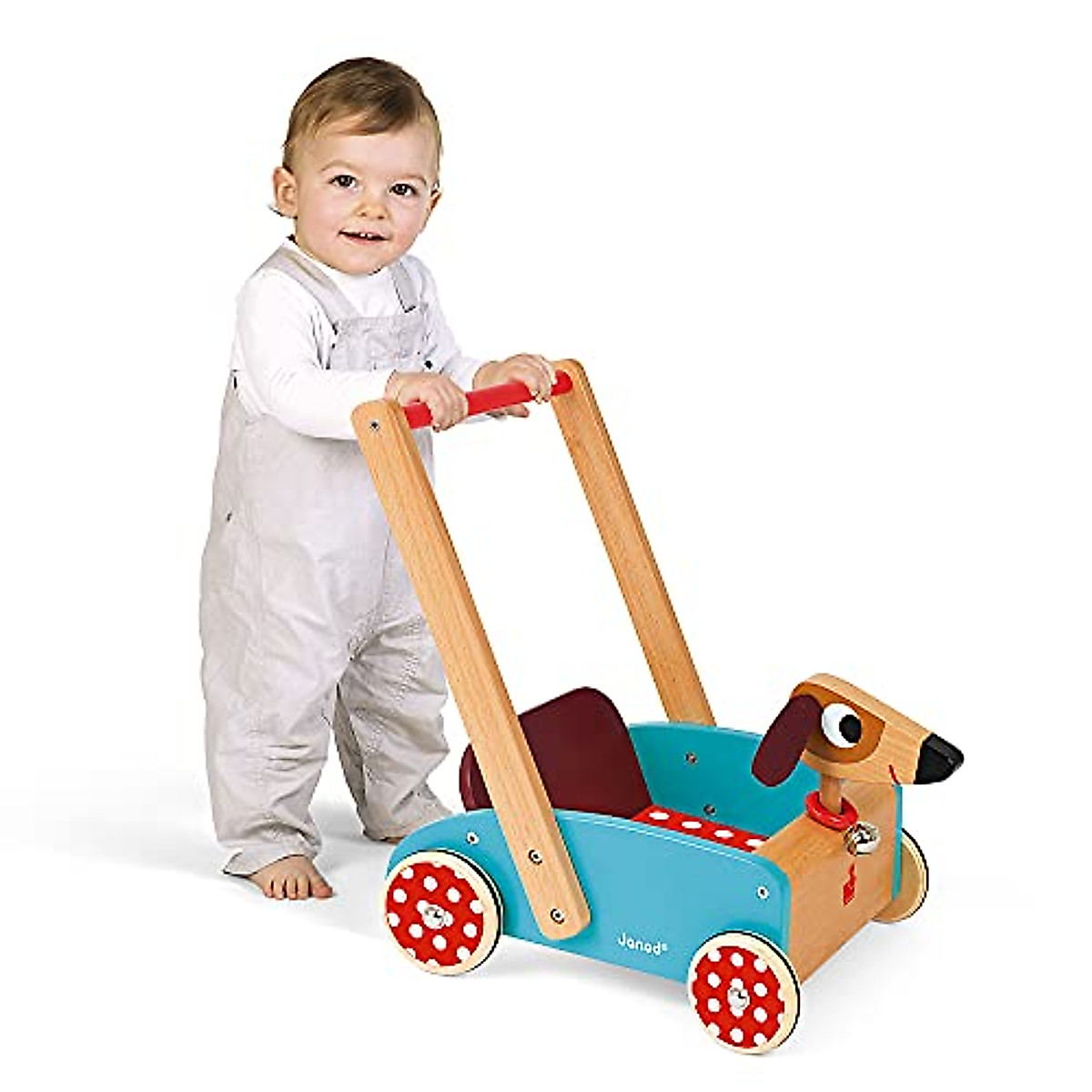 Janod Crazy Doggy Cart – Adorable Wooden Push Toy Walker with Storage – Dog Bell Rings When the Cart is Pushed - Encourages Walking and Discovery – Ages 1+ years.