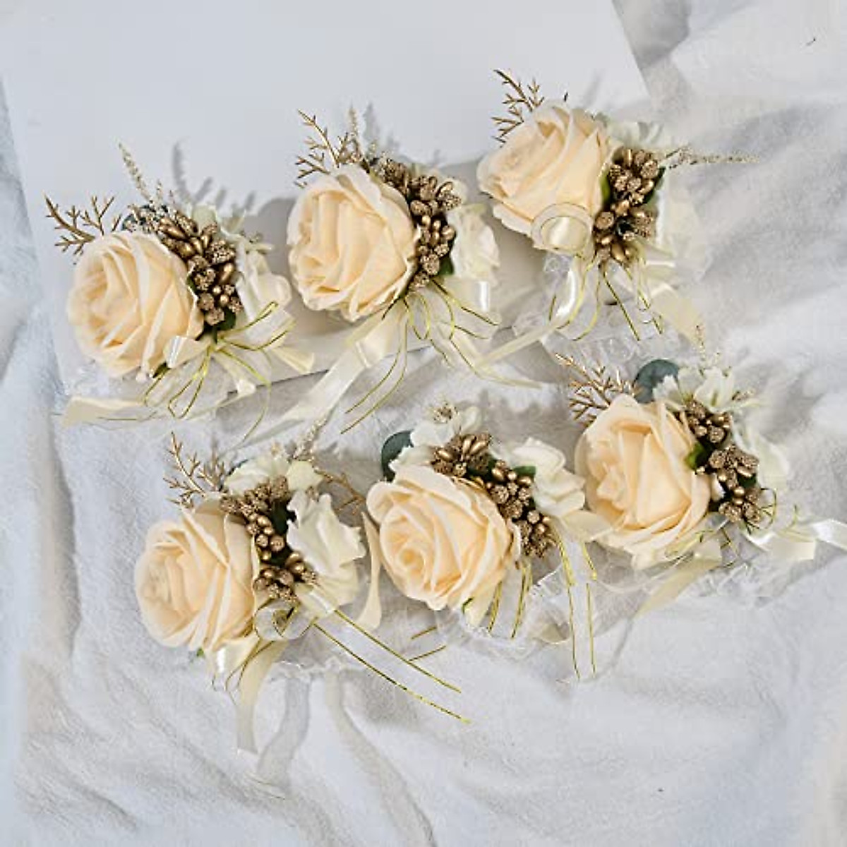 Daxi Events 6 PCS Rose Wrist Corsage for Bridesmaid, Mother of Bride and Groom Corsage, Girl Prom Flowers, Wedding Ceremony, Anniversary, Homecoming, Bridal Shower(Champagne)
