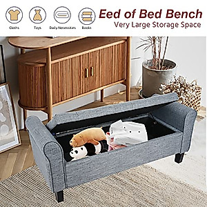 Babion Storage Bench for Bedroom End of Bed,Linen Ottoman Bench with Storage and Arms,Upholstered Fabric Storage Bench with Button Tufted,Large Storage Bench for Bedroom, Bench Linen Dark Gray
