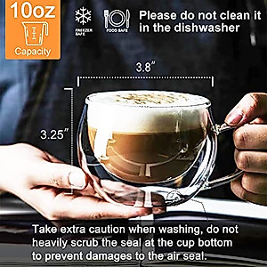 DeeCoo Double Wall Cappuccino Mugs 10oz, Clear Coffee Mug Set of 4 Espresso Cups, Insulated Glass with Handles (Latte Glasses,Tea)
