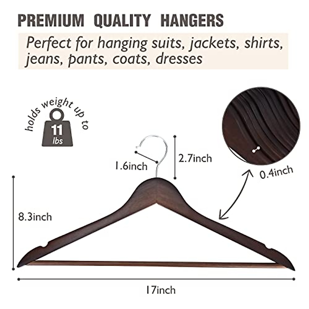 Edergoo Wooden Hangers 20 Pack, Durable and Slim Hangers Wood with Non Slip Pants Bar, Smooth Finish Wooden Suit Hangers, Walnut