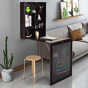 IFANNY Folding Wall Desk, Wall Mounted Fold Out Desk with Storage Shelves & Hooks, Hideaway Desk Wall Mount with Chalkboard, Floating Corner Desk for Small Spaces (Brown)