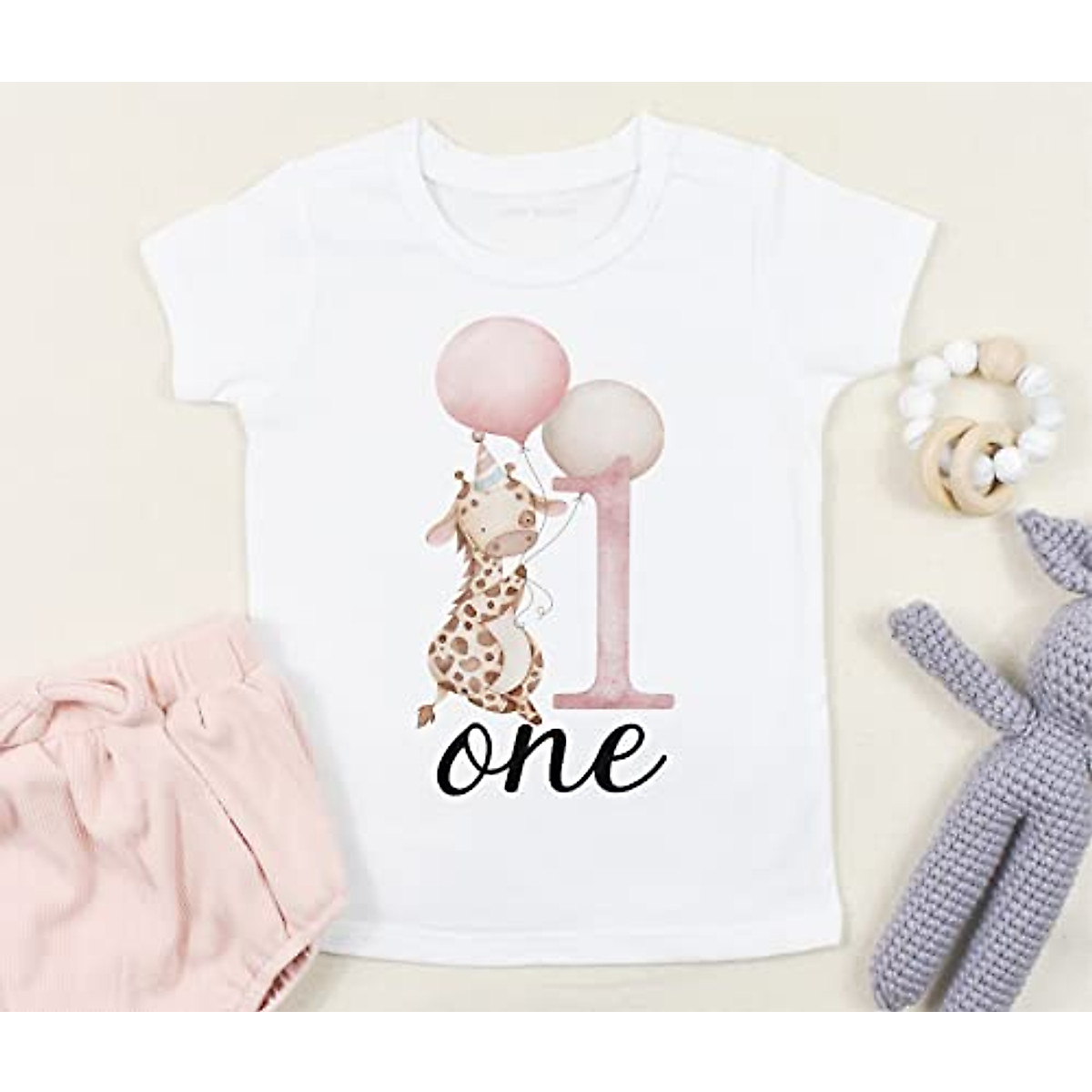 Giraffe Birthday Shirt, Safari First Birthday Outfit for Girl, One Birthday Shirt Baby Girl (12M Short Sleeve White T-Shirt)