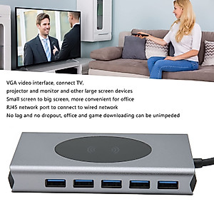 13 in 1 USB C Hub, USB C Splitter, Type C to HD Multimedia Interface VGA 5 X USB3.0 Memory Card Storage Card RJ45 PD AUDIO3.5 Wireless Charging 10W, Gray