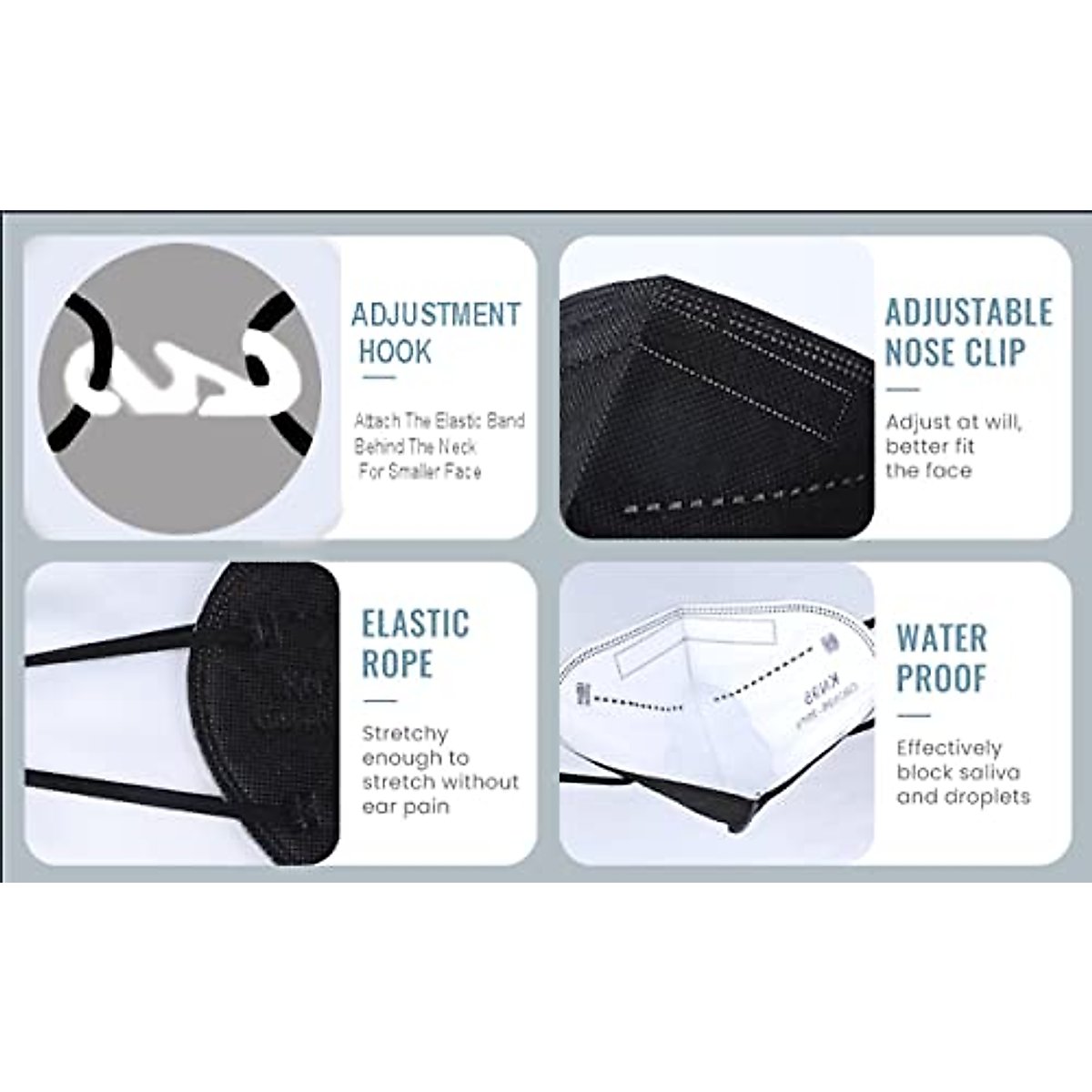 YUENTAM KN95 Face Masks 50PCS, 5-Layers Protection With Elastic Loop Straps and Nose-Clip and Adjustment Hook, Breathable 3D design For Men and Women,Individually Wrapped, Black and White (Black)