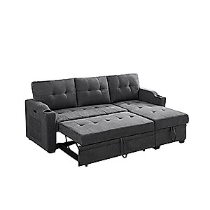 Lilola Home Mabel Dark Gray Woven Fabric Sleeper Sectional with cupholder, USB Charging Port and Pocket