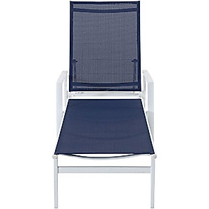 Hanover Blue Naples Outdoor Folding Chaise Adjustable Backrest | Patio and Poolside Lounging Chair | UV and Weather-Resistant Sling Fabric | NAPLESCHS-W-NVY, 1 Piece, White/Navy