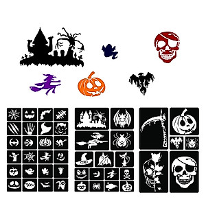 90Pcs Halloween Glitter Tattoo Stencils, Airbrush Tattoo Templates Kit Halloween Pumpkin Temporary Tattoo Stickers for Kids Drawing Template Party Props (6 Sheets)