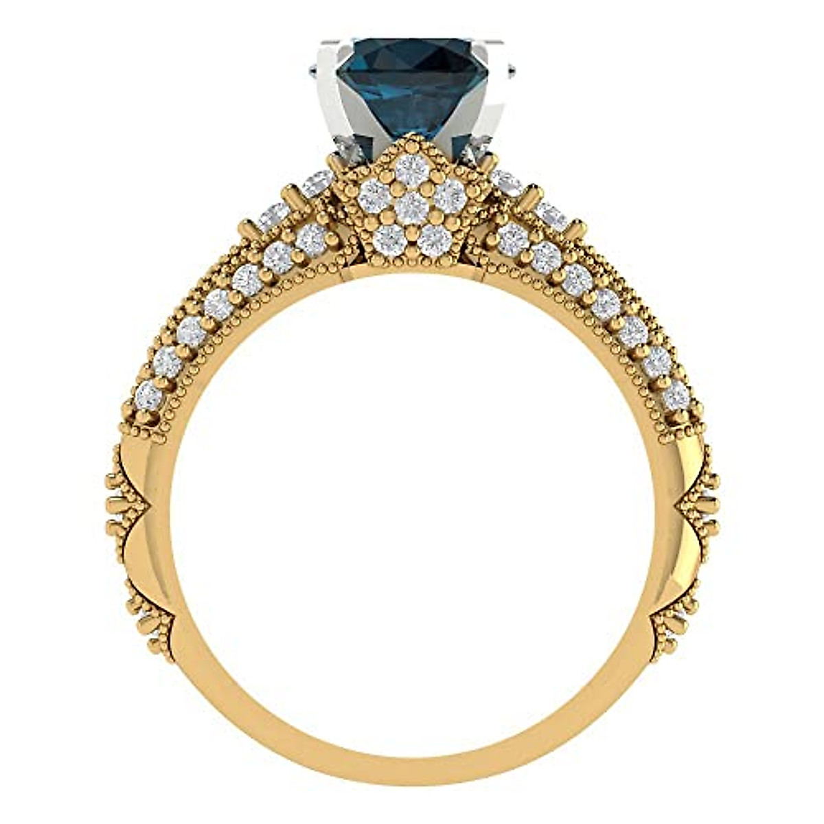 Clara Pucci 2.07ct Round Cut Pave Solitaire with Accent Natural London Blue Topaz Statement Bridal Ring Band Set 14k 2 Tone Gold 8.5