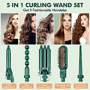 Yinhua Curling Iron Set, 5 in 1 Curling Wand with 4 Interchangeable Ceramic Barrels and 1 Straight Hair Brush, 30S Instant Heat Up, LCD Temp Adjustment, Dual Voltage, Includes Heat Resistant Gloves