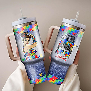 WAZONE Personalized Autism Mom Tumbler 40oz with Handle and Straw Stainless Steel From Daughters Sons For Mommy Mother Mama Customized Name Gifts Idea on Birthday Christmas Mothers Day