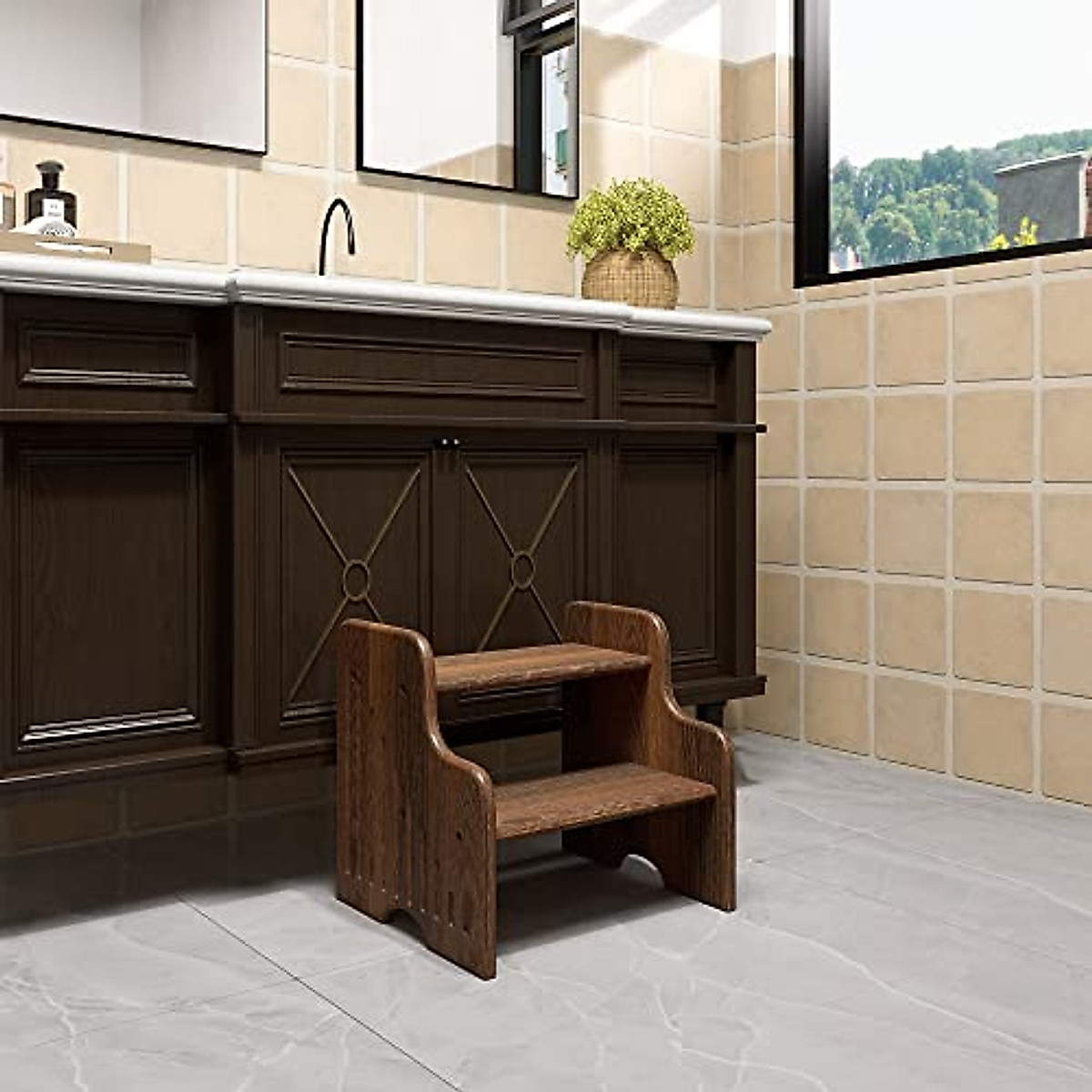 CONSDAN 2 Tier Step Stool, USA Grown Solid Hardwood Oak, Wooden Step Stool for Adults Kids Seniors, Bathroom Kitchen Toilet Living Room Bedroom Helper Stool (Chocolate Color)