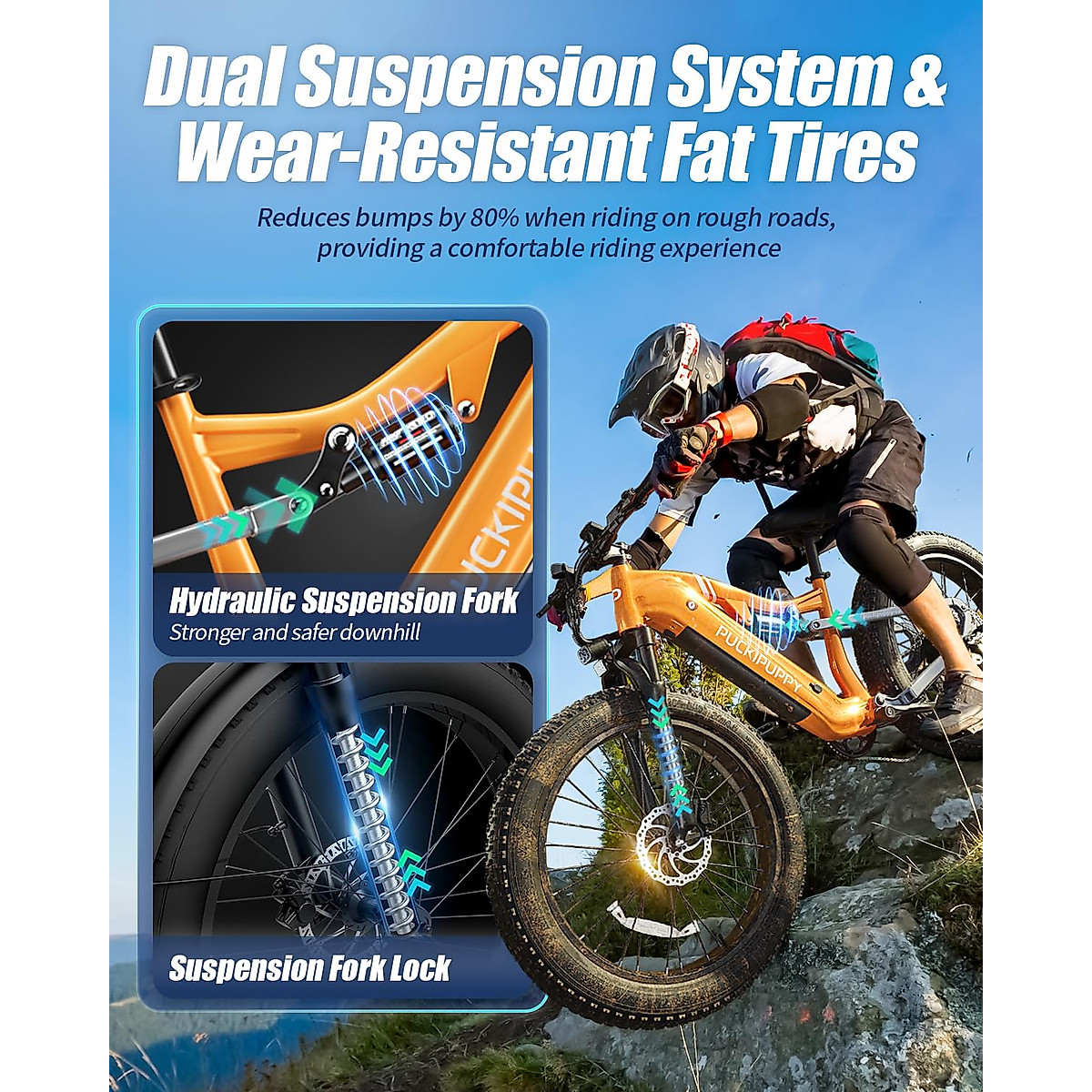 PUCKIPUPPY Electric Bike for Adults 1000W, 48V 20AH Battery Adult Electric Bicycles, 26" Fat Tire Full Suspension Ebike, 28MPH Mountain Beach E Bike, 7 Speed, 80Miles Range, UL Certified