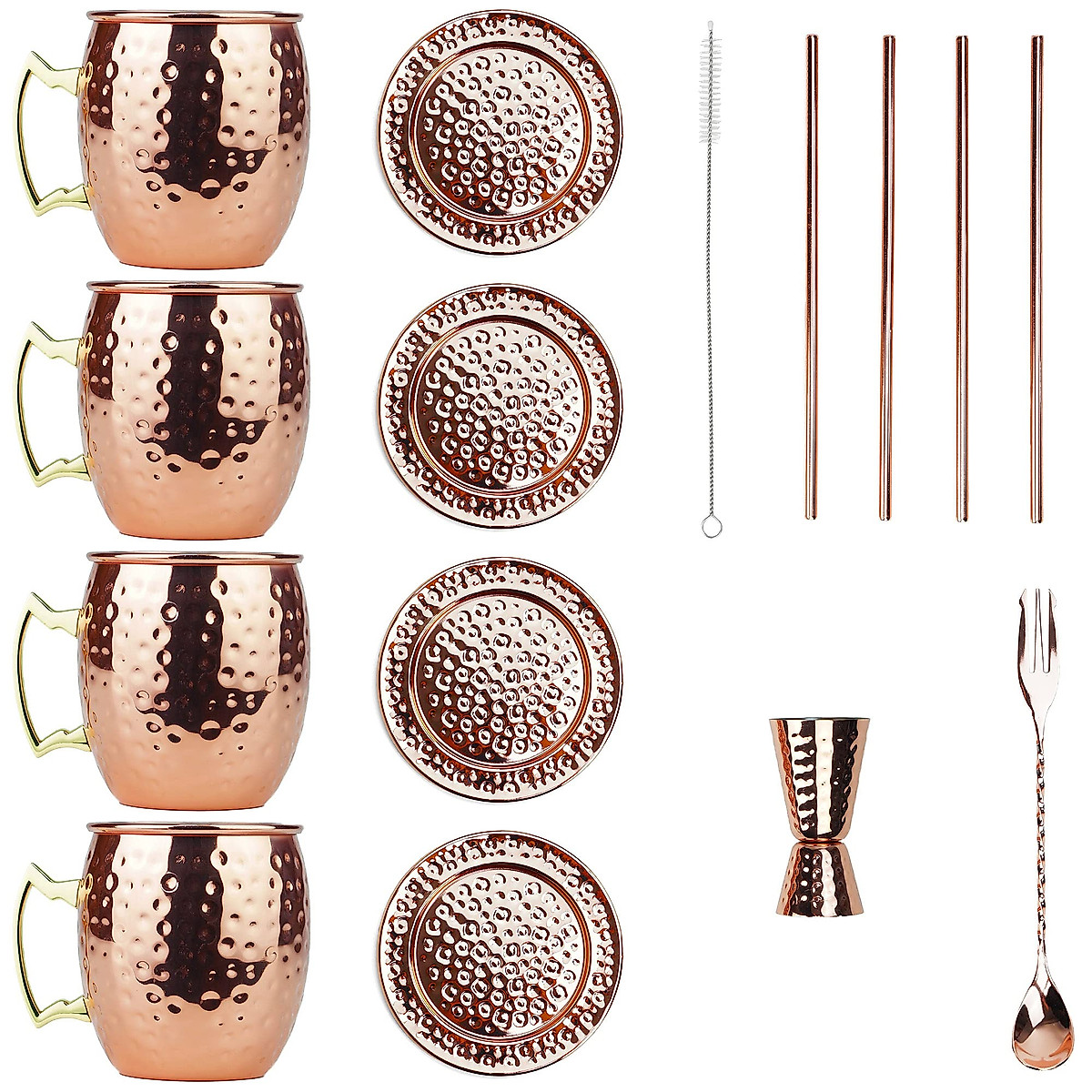 PG Moscow Mule/Cocktail Bar Set, 15-pc Copper/Rose Gold Color, High Grade SS, w/4x Moscow Mule Mugs, 4x Straws w/cleaner, 4x REAL STAINLESS Coasters, 1x Double-Jigger 1x Double-head Stirrer