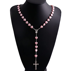 OEMOO Rosary Beads Catholic for Woman, Pink Heart Shaped Rosary Necklace, Bead Necklace First Communion Gifts for Women Catholic, Christian Gifts Catholic Gifts