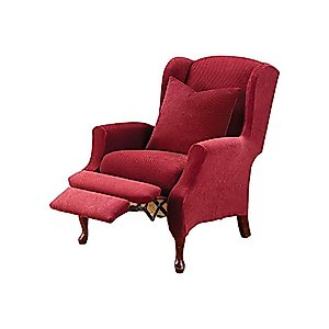 SureFit Home Décor Stretch Pique Box Cushion Wing Recliner Chair Two Piece Slipcover, Form Fit, Polyester/Spandex, Machine Washable, Garnet Color, 24"D x 36"W x 45"H