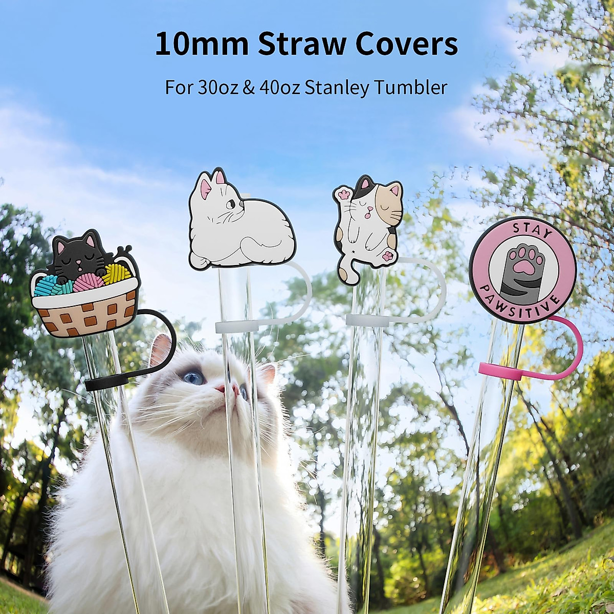 6 PCS Silicone Spill Stopper Set for Stanley Cup Straw Covers 30 oz / 40 oz Tumbler Leak Proof Drink Stoppers Silicone Straw Stopper Caps for Stanley Cup Accessories-Cat