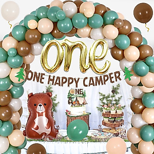One Happy Camper Birthday Decorations for Kids Green Balloon Garland One Happy Camper Photo Banner Cake Topper 1st Forest Camping Birthday Backdrop Adventure Let’s Go Camping Party 1st Supplies