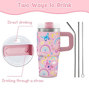 Butterfly Gifts for Girls, Rainbow Tumbler with Handle and Straw for Kids 14 oz, Birthday Gifts for Butterfly Lovers Girls, Insulated Stainless Steel Travel Mug for Toddlers