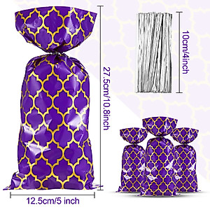 100 Pieces Arabian Nights Cellophane Treat Bags,Eid Mubarak Party Treat Bags,Purple and Gold Goodie Bags with Twist Ties for Arabian Nights Indian Diwali Party Favors