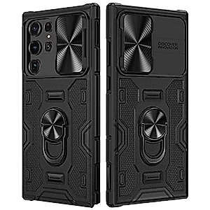 VEGO for Galaxy S22 Ultra Case with Slide Camera Cover, Built-in 360° Rotate Ring Kickstand Magnetic Shockproof Cover Case for Samsung Galaxy S22 Ultra 5G 6.8 inch 2022 Armor Style - Black
