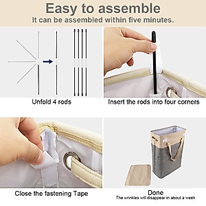 REWXXD Slim Laundry Hamper with Handles and Lid, Narrow Hamper with Lid, 45L, Beige and Silver, Collapsible Dirty Clothes Basket for Dorms, Apartments, Guest Rooms