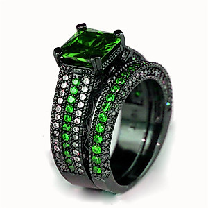 LOVERSRING Two Rings His and Hers Couple Ring Bridal Set His Hers Women Black Gold Filled Green Cz Man Stainless Steel Wedding Ring Band Set