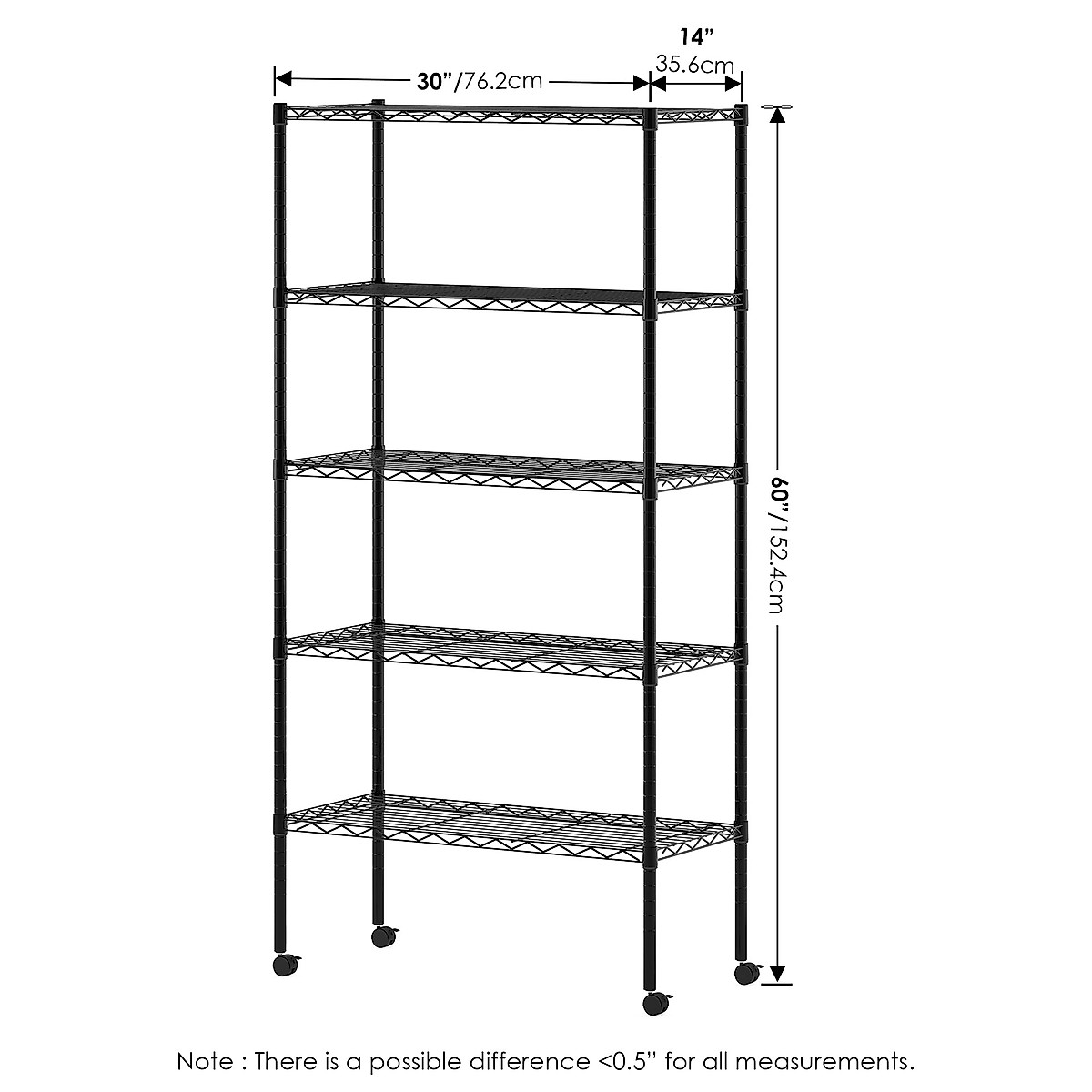 Furinno Wayar 5-Tier Metal Storage Shelf Rack, 30 x 14 x 60, Black