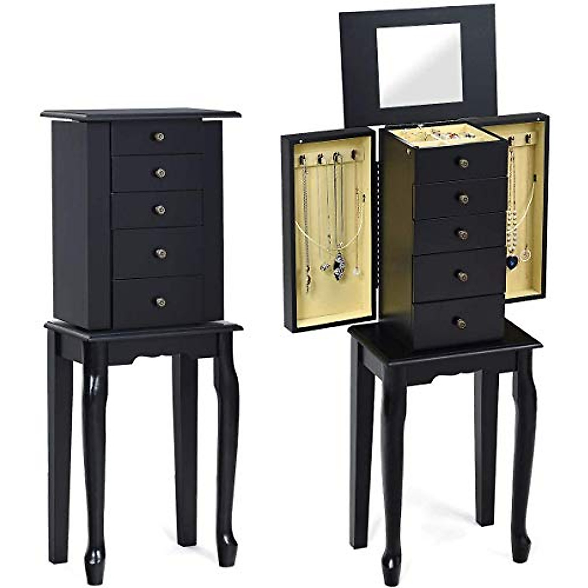 HOMGX (Black, Jewelry Cabinet with Mirror, Armoire Box Storage Chest, Stand Organizer with 5 Drawers & 8 Necklace Hooks