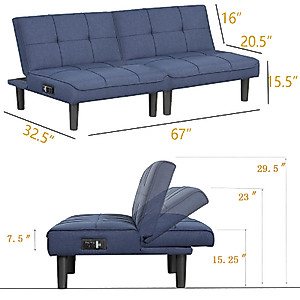 KAIRUITUCH 3-in-1 Convertible Futon Sofa Bed Twin, Loveseat Futon Couch Daybed with Folding Adjustable Backless, 2 Piece Small Futon Couch Chairs for Living Room, Apartment, Blue Fabric 306BL1-2PCS