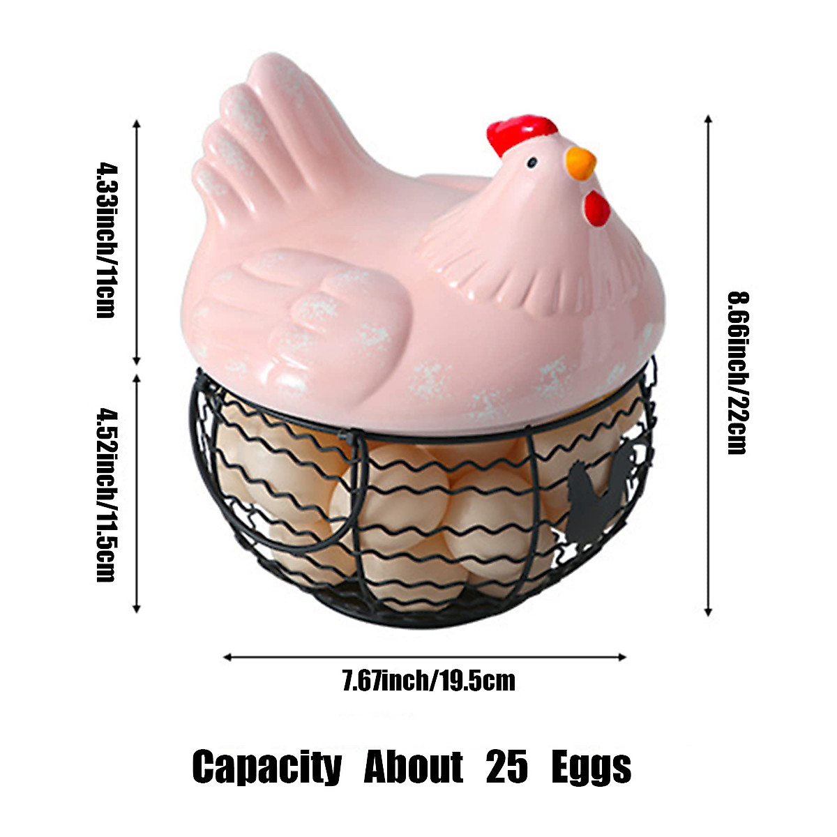Simple Creative Storage Basket Creative Hen Ceramic and Iron With Storage Basket Hand-painted Egg Carton Large Capacity Kitchen Storage Gods Hold 20-25 Eggs (Yellow Grid Basket)