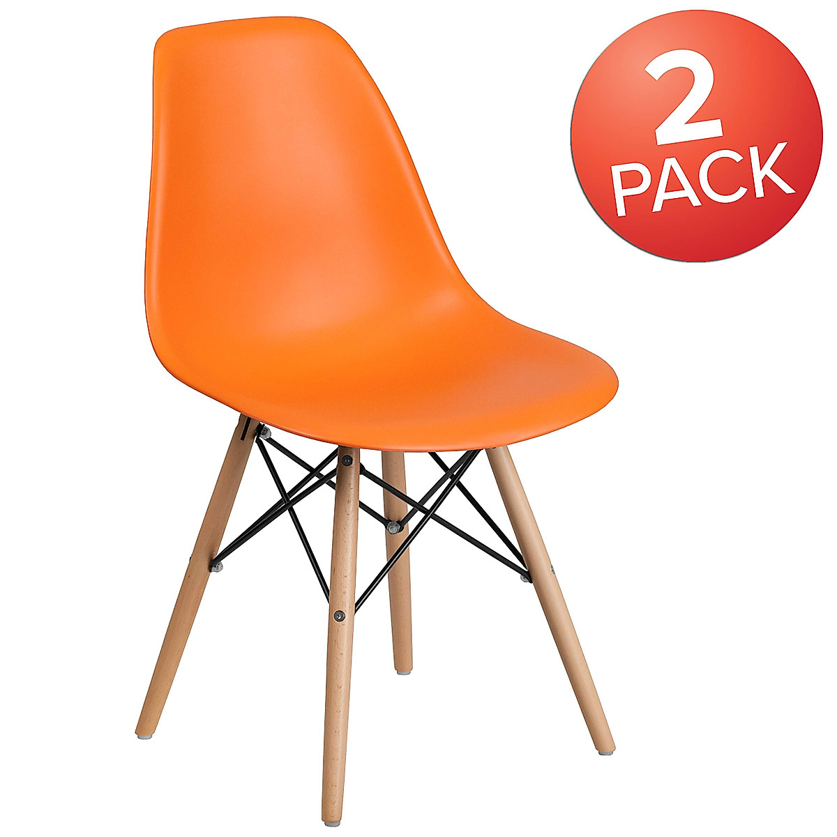 Flash Furniture 2 Pack Elon Series Orange Plastic Chair with Wooden Legs for Versatile Kitchen, Dining Room, Living Room, Library or Desk Use