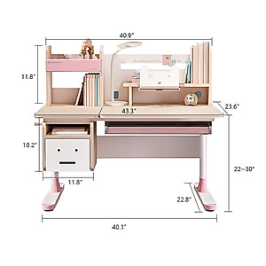 FCD Kids Desk and Chair Set, Ergonomic Wood Adjustable Kids Study Desk with Bookshelf, Tiltable Desktop, Tablet Holder and Drawers for Writing, Reading and Drafting (Desk and Chair, Pink)