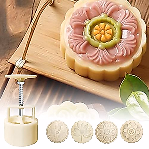 Moon Cake Mold Set 125g, Mid-Autumn Festival Hand-Pressure, Cookie Stamps for baking Mooncake Press for 4 Sets…