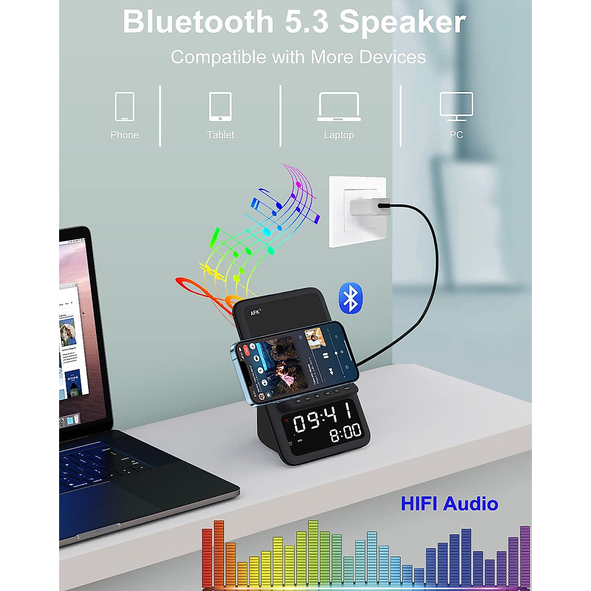 AFK Wireless Charging Station with Bluetooth Speaker and Alarm Clock, 4 in 1 Wireless Charger Compatible with iPhone15 14 13 12 11 Pro Max Series,Samsung Series and Other Android Phones(Black)