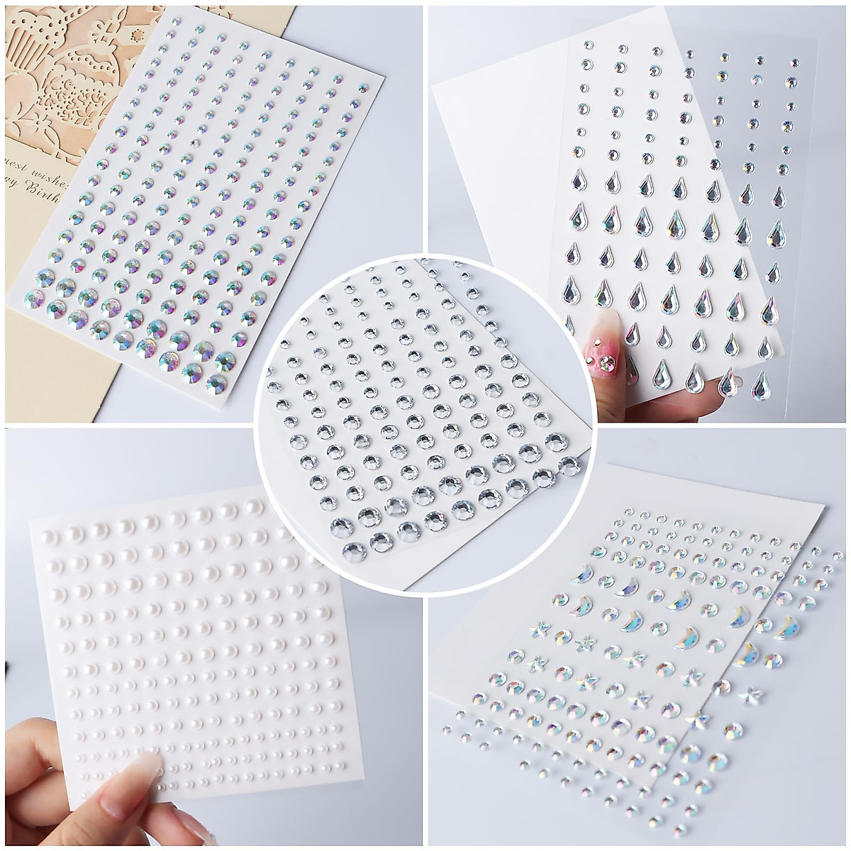 10 Sheets Face Eye Body Gems Rhinestones Stick on, 1370Pcs Self Adhesive 3/4/5/6 mm DIY Face Gems Stick on, 5 Styles with Moon Star Pearls Crystal Rhinestone Tattoos for Women, Girls