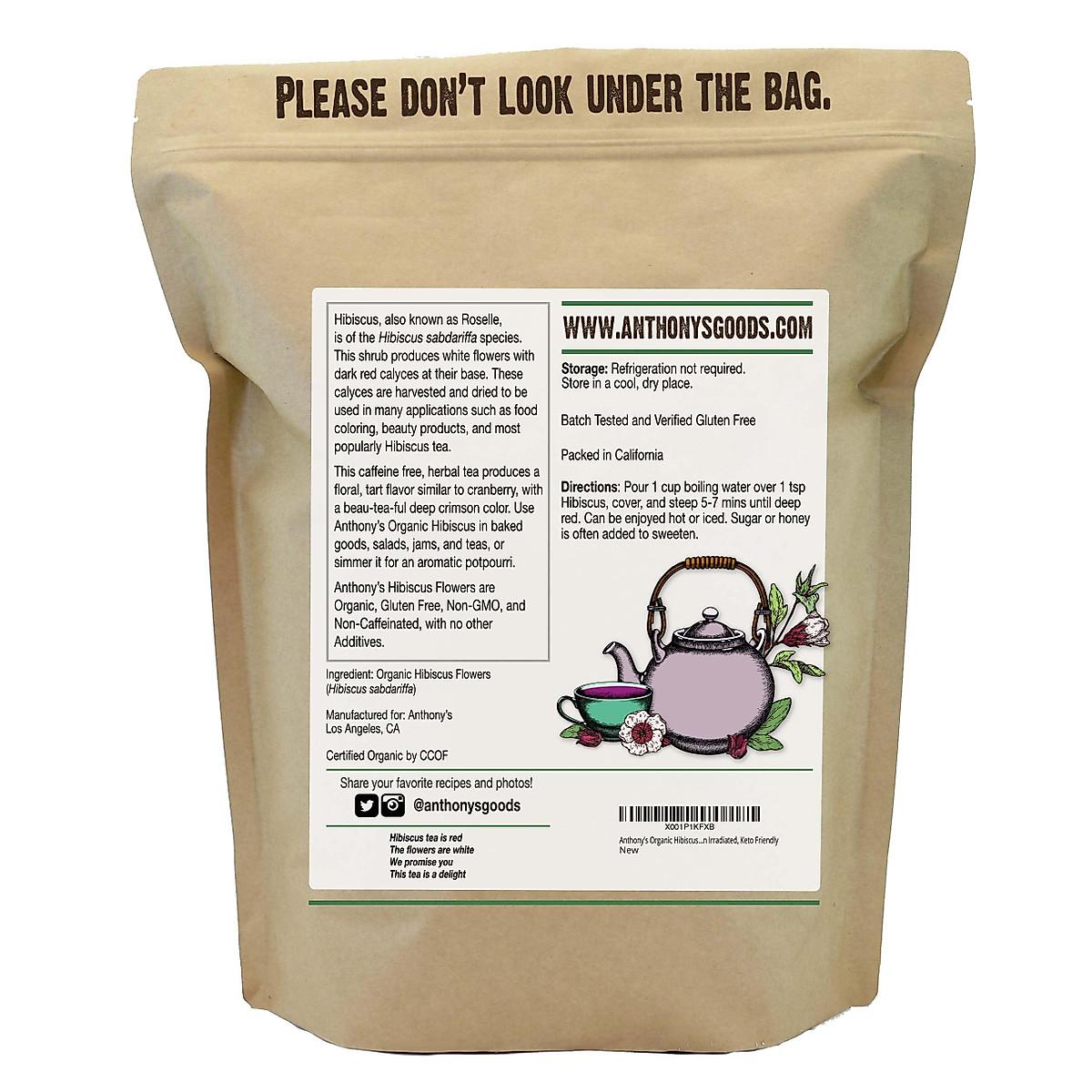 Anthony's Organic Hibiscus Flowers, 1 lb, Cut & Sifted, Gluten Free, Non GMO, Non Irradiated, Keto Friendly