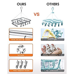 Gorffy Clothes Drying Rack with 26 Clips, Aluminum Sock Hanger Laundry Rack, Clothing Drying Rack with Windproof Hook, Sock Drying Rack Indoor & Outdoor, Underwear Hanger for Baby Clothes, Bras