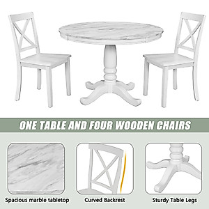 GINGVAT 5 Piece Round Dining Table Set for 4,with Marble Veneer and X Back 4 Solid Wood Chairs,42-Inch, White