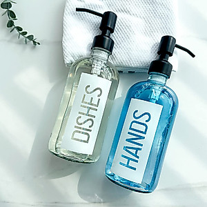 JASAI 2Pack 18OZ Clear Glass Soap Dispenser With Matte Black Pump, Kitchen Soap Dispenser with HANDS&DISHES Label, Modern Dish Soap Dispenser for kitchen Sink to Fill Hand Dish Soap Lotion (White&Blk)